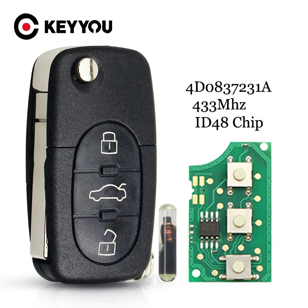 KEYYOU для Audi 4D 0837231 Дистанционный ключ от автомобиля для Audi A3 A4 A6 A8 TT RS4 Quattro старые модели 433 МГц ID48 чип автомобильный дистанционный откидной ключ, 4D0837231A