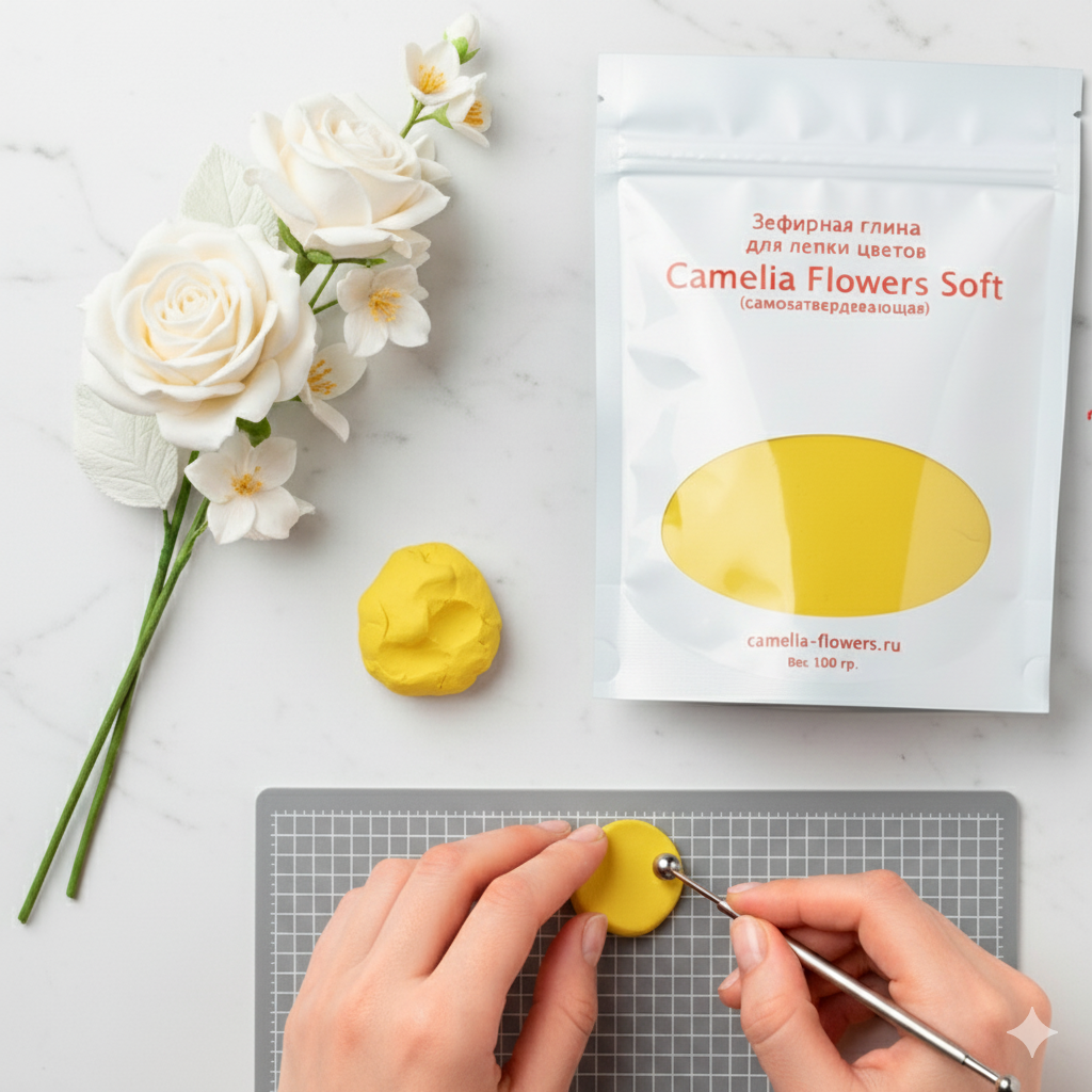 Зефирная глина для лепки цветов Camelia Flowers Soft, полимерная самозатвердевающая, лимонная, 100 гр.