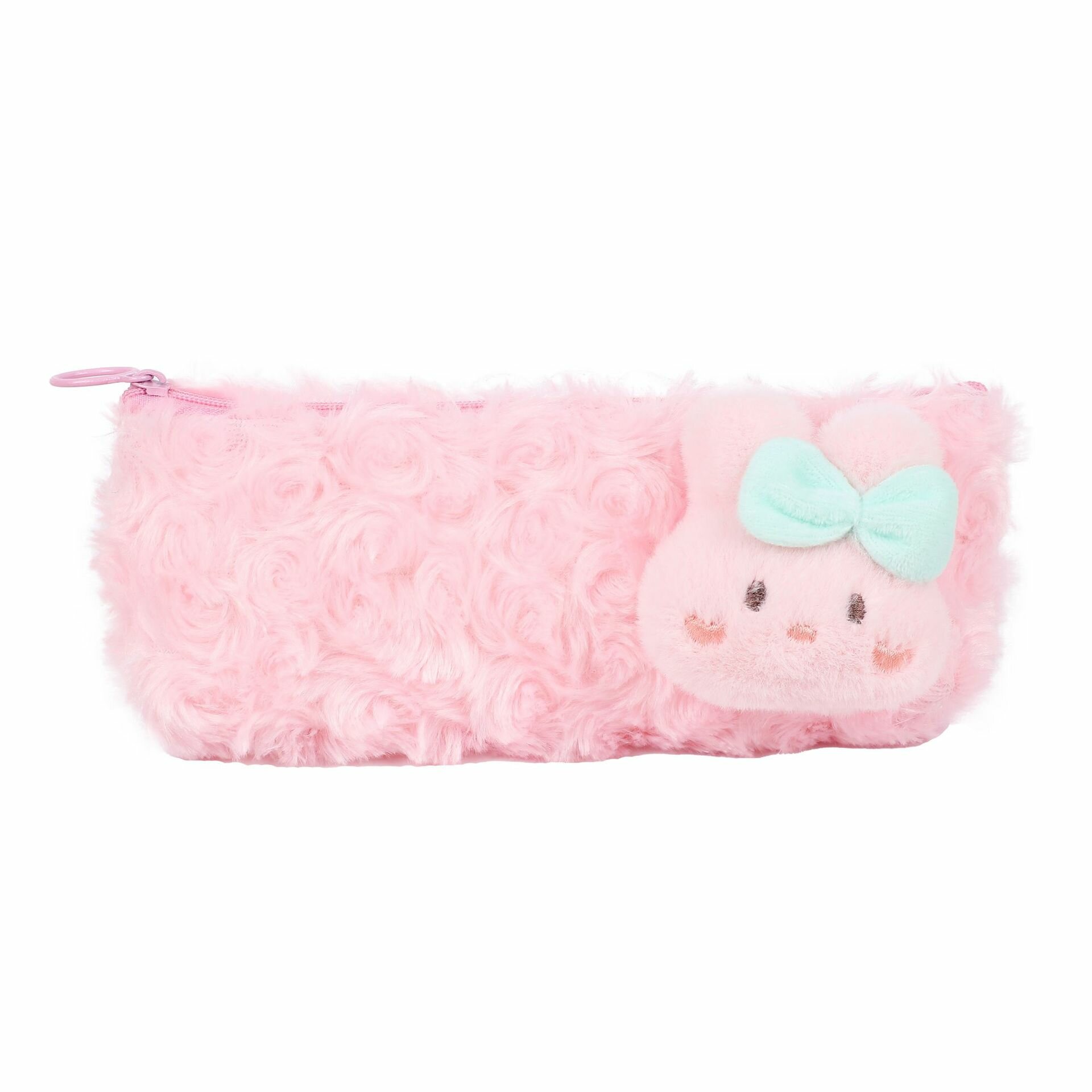 Милый розовый плюшевый пенал с бантом в виде кролика, пушистый чехол для ручек с рисунком роз, мягкий плюшевый пенал-органайзер для канцелярских принадлежностей для девочек, кавайные школьные принадлежности большой вместимости