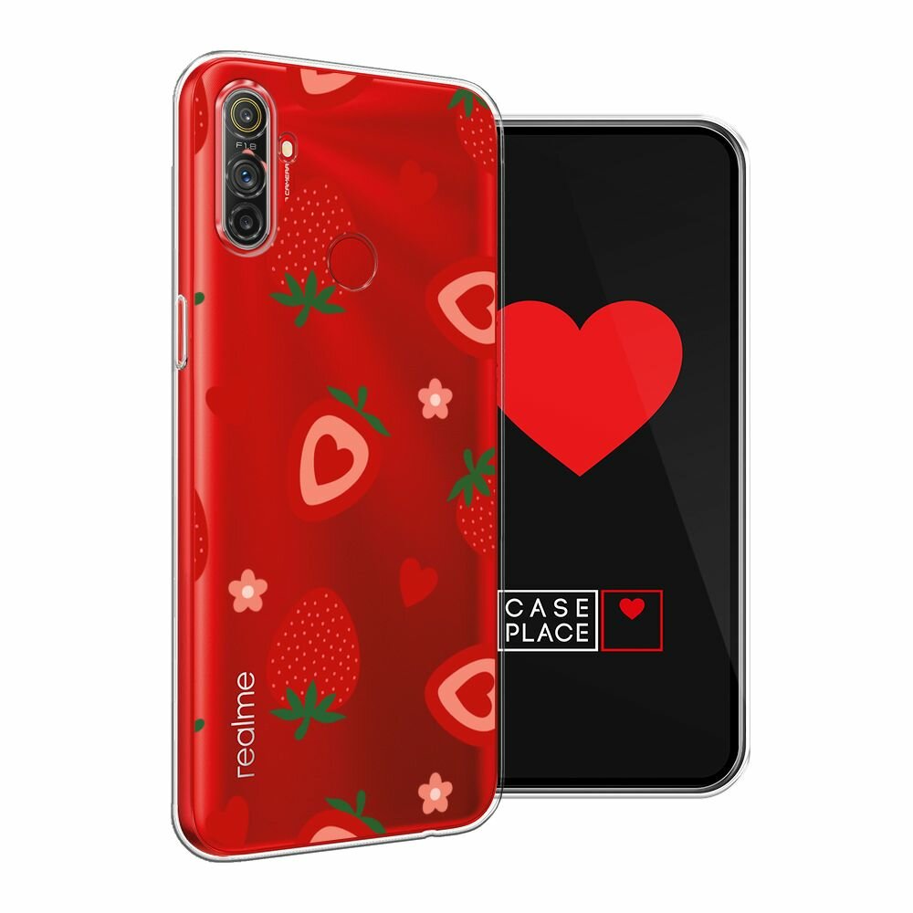 Чехол на Realme C3 / Реалми C3 с принтом "Heart strawberries 2 - 14 февраля", прозрачный — фото 1