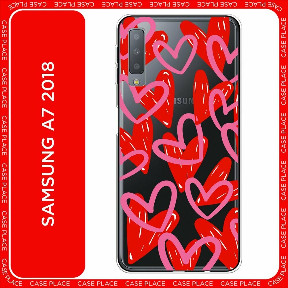 Чехол на Samsung Galaxy A7 2018 / Самсунг Галакси А7 2018 с принтом "Hearts doodles - 14 февраля", прозрачный