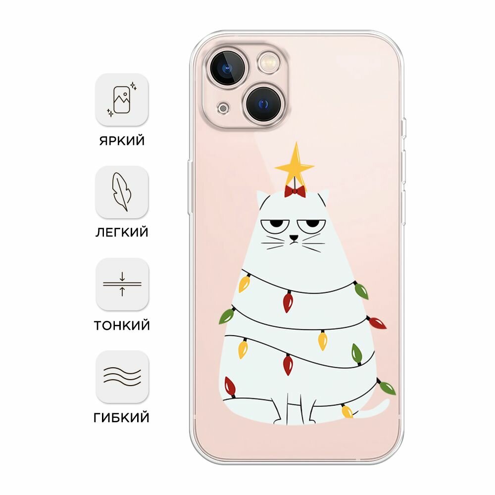 Чехол на Apple iPhone 13 / Айфон 13 с принтом Котик в гирлянде, прозрачный — фото 1