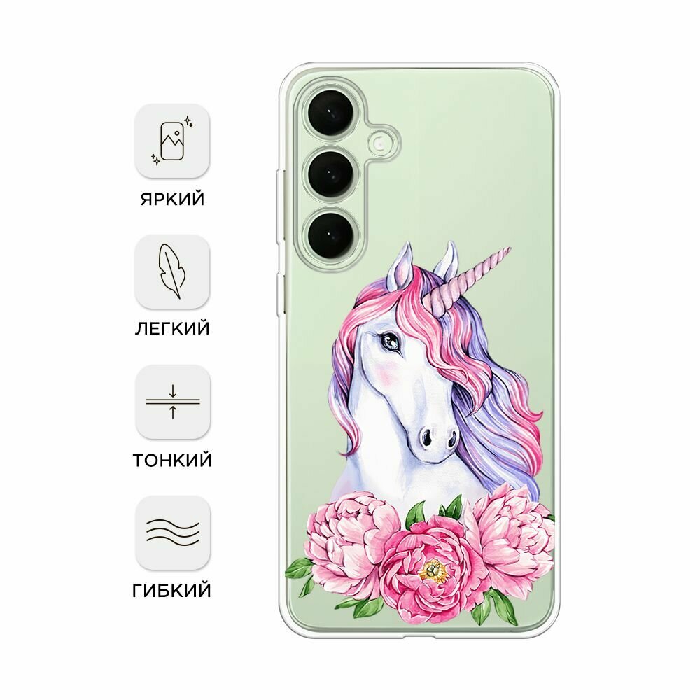 Чехол на Samsung Galaxy S25 Plus / Самсунг S25 Плюс с принтом "Единорог с пионами", прозрачный — фото 1