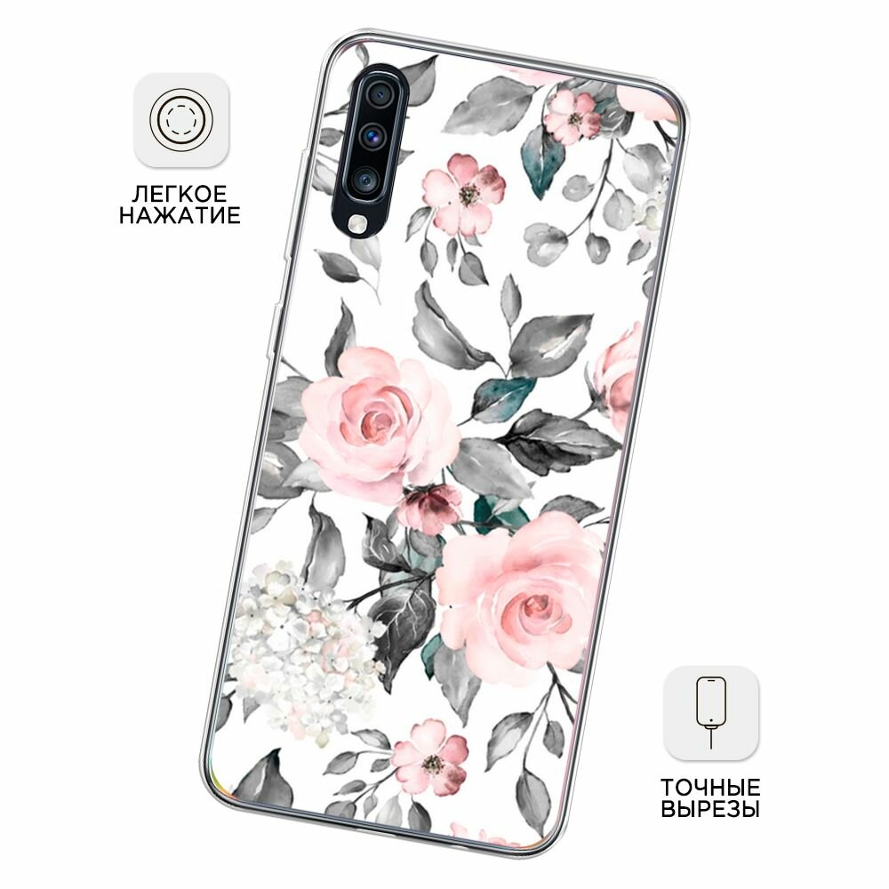 Чехол на Samsung Galaxy A70 / Самсунг Галакси А70 с принтом "Розы на белом" — фото 1
