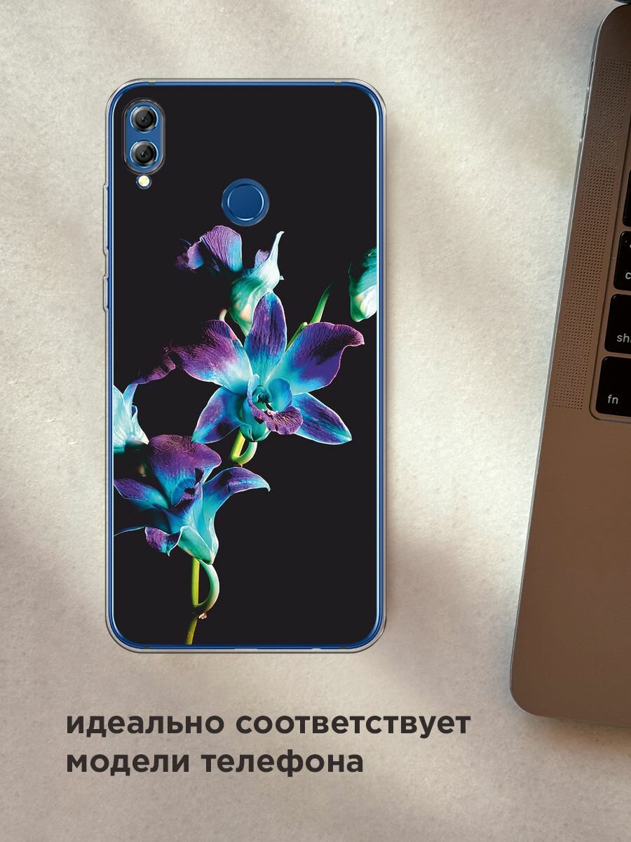 Чехол на Honor 8X / Хонор 8Х с принтом "Синий цветок на черном" — фото 1