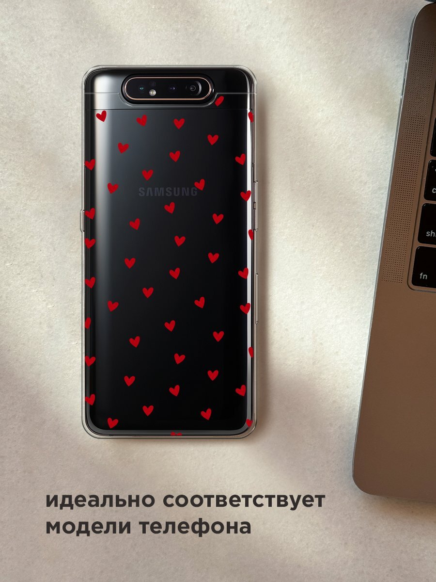 Чехол на Samsung Galaxy A80 / Самсунг Гэлакси A80 с принтом "Red hearts", прозрачный — фото 1
