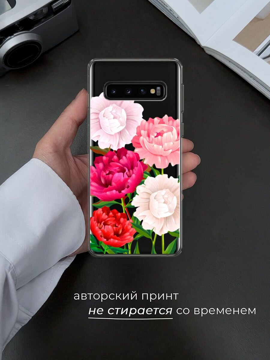 Чехол на Samsung Galaxy S10 + / Самсунг Галакси S10 Плюс с принтом "Большие пионы", прозрачный — фото 1