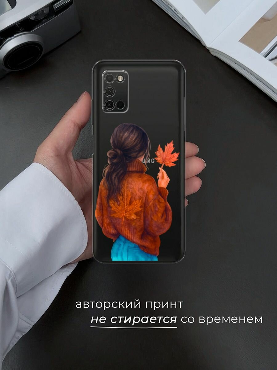 Чехол на Samsung Galaxy A03S / Самсунг Галакси A03S с принтом "Девушка с опавшим листом", прозрачный — фото 1