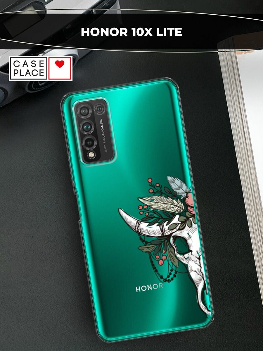 Чехол на Honor 10X Lite / Хонор 10X Лайт с принтом "Череп быка с цветами", прозрачный