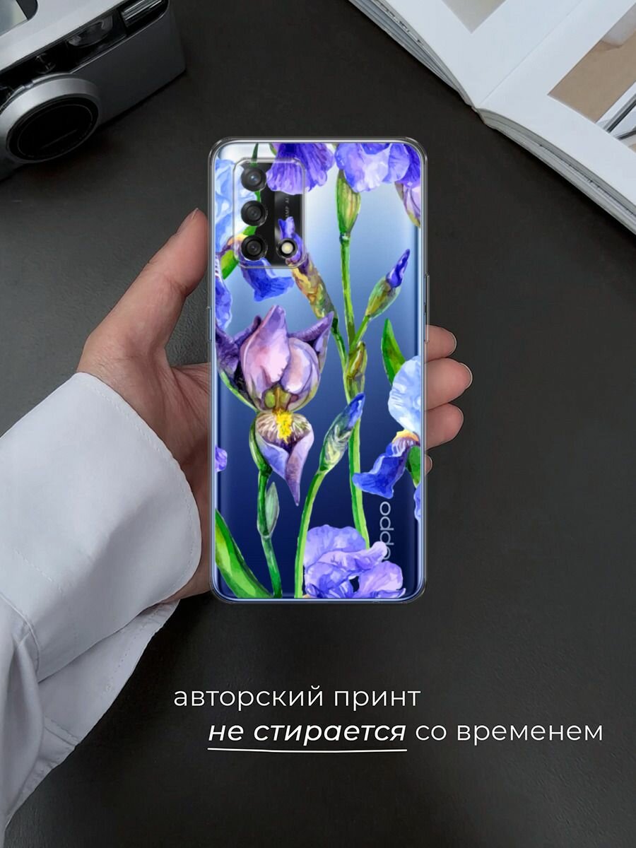 Чехол на Oppo A74 / Оппо A74 с принтом "Синие ирисы", прозрачный — фото 1