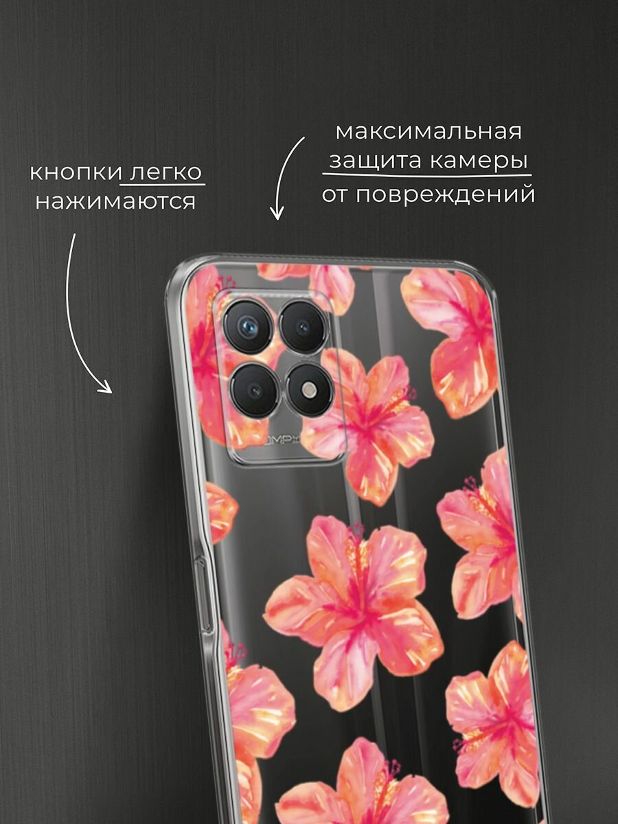 Силиконовый чехол на Realme 8i / Реалми 8i с принтом "Pink flowers" — фото 1
