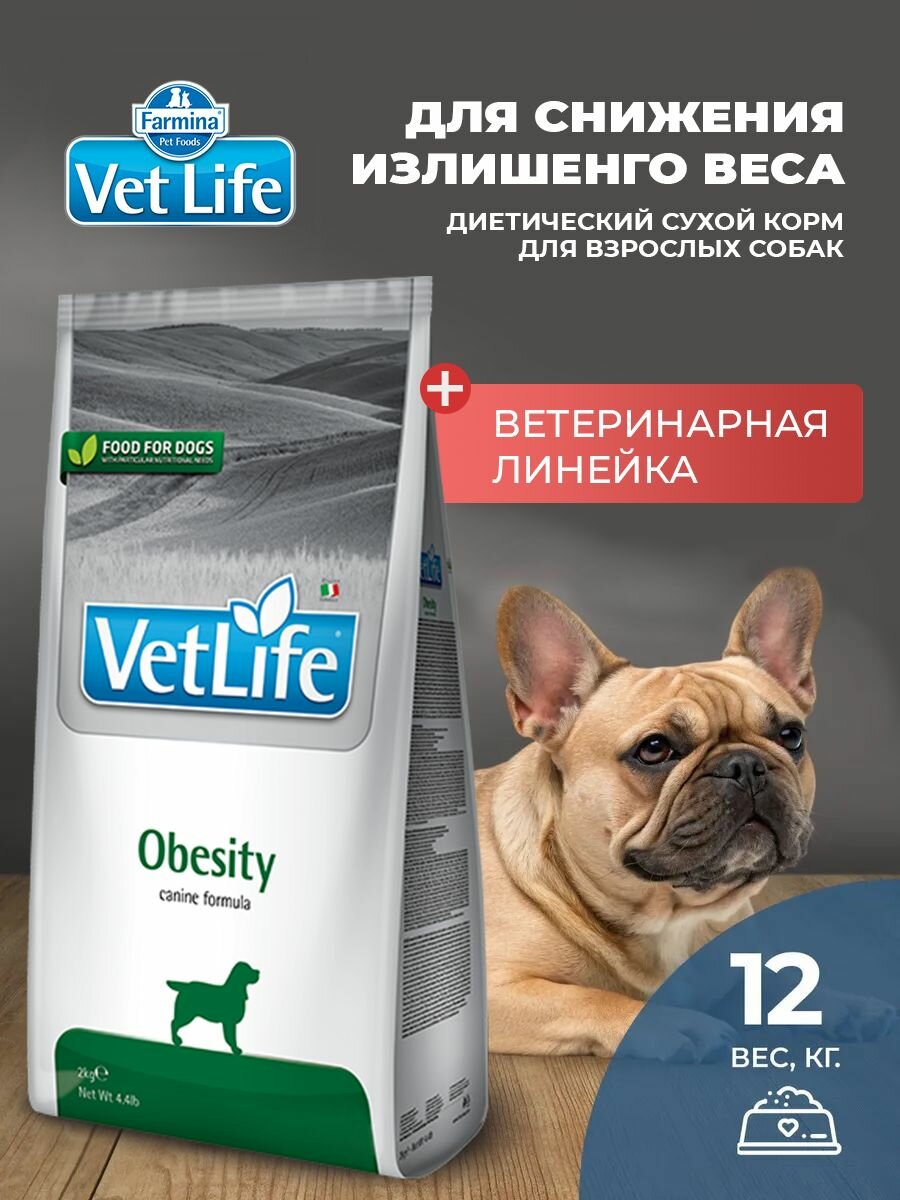 Cухой корм Farmina Vet Life Obesity для собак при избыточном весе, Фармина Вет Лайф лечебный рацион со вкусом курицы, 12 кг