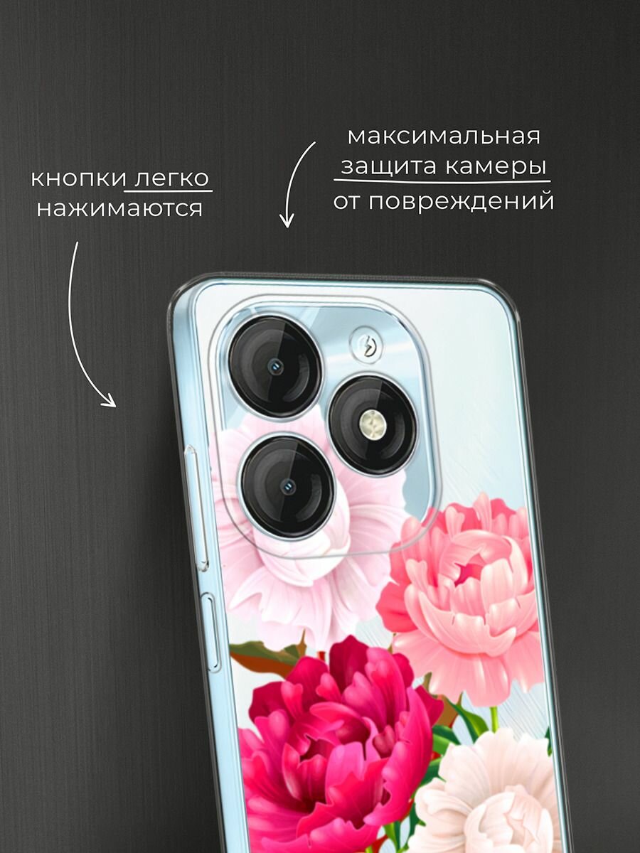 Чехол на Itel P55 / Ител Р55 с принтом "Большие пионы", прозрачный — фото 1
