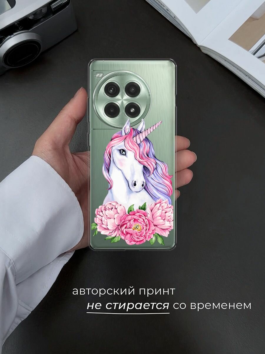 Чехол на OnePlus Ace 3 Pro / Ван Плас Эйс 3 Про с принтом "Единорог с пионами", прозрачный — фото 1