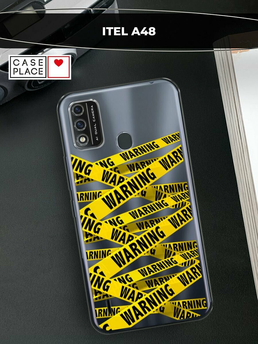 Чехол на Itel A48 / Ител А48 с принтом "Warning!", прозрачный