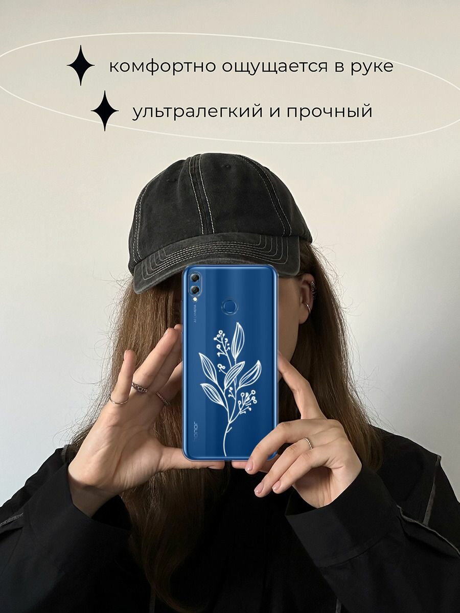 Чехол на Honor 8X / Хонор 8Х с принтом "Ветка с листочками и цветами", прозрачный — фото 1
