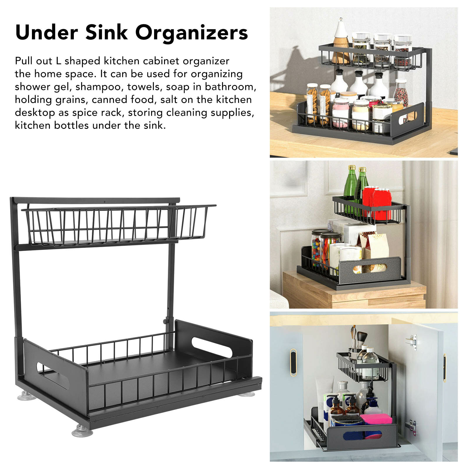 Органайзеры под раковину и выдвижной шкаф для хранения, органайзер-корзина, 2-уровневый стеллаж для хранения под ванной комнатой для ванной комнаты, кухни, черный