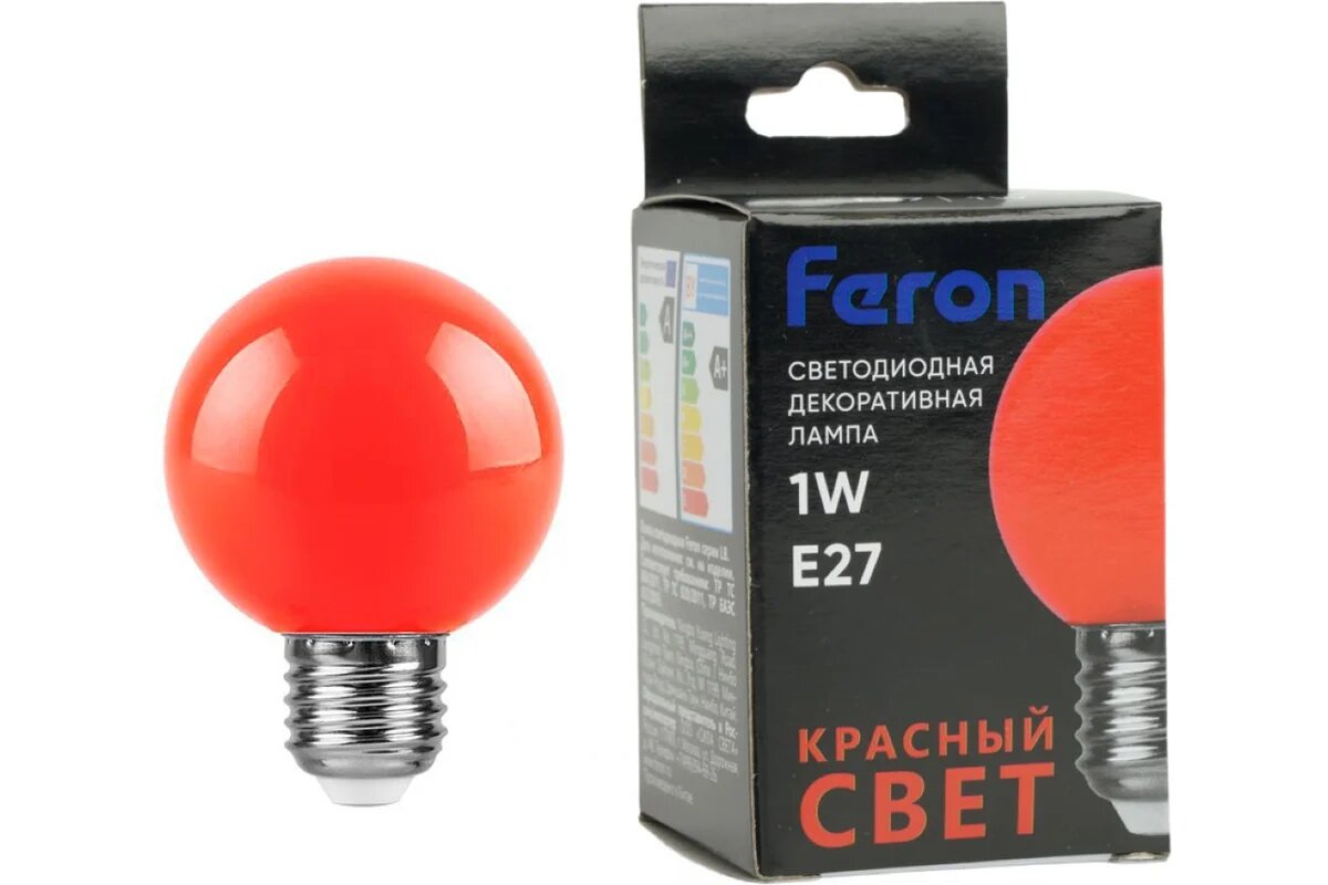 FERON LED 1W E27 красная шаровая лампа 25116 с шарообразной колбой и стеклянной оболочкой