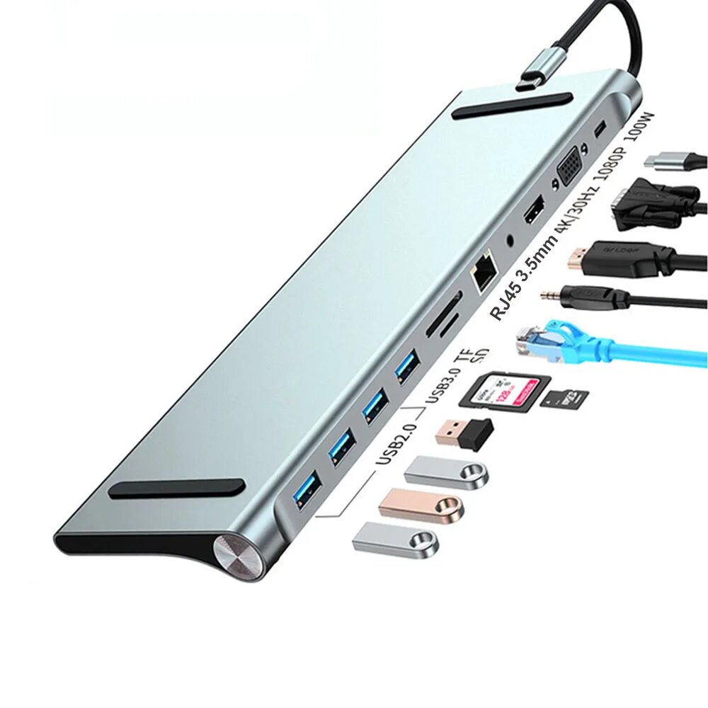USB-C Концентратор-адаптер PD 100W, HDTV 1080P 4K, RJ45 Ethernet, USB-накопитель, Кардридер Micro SD/TF Для Ноутбука