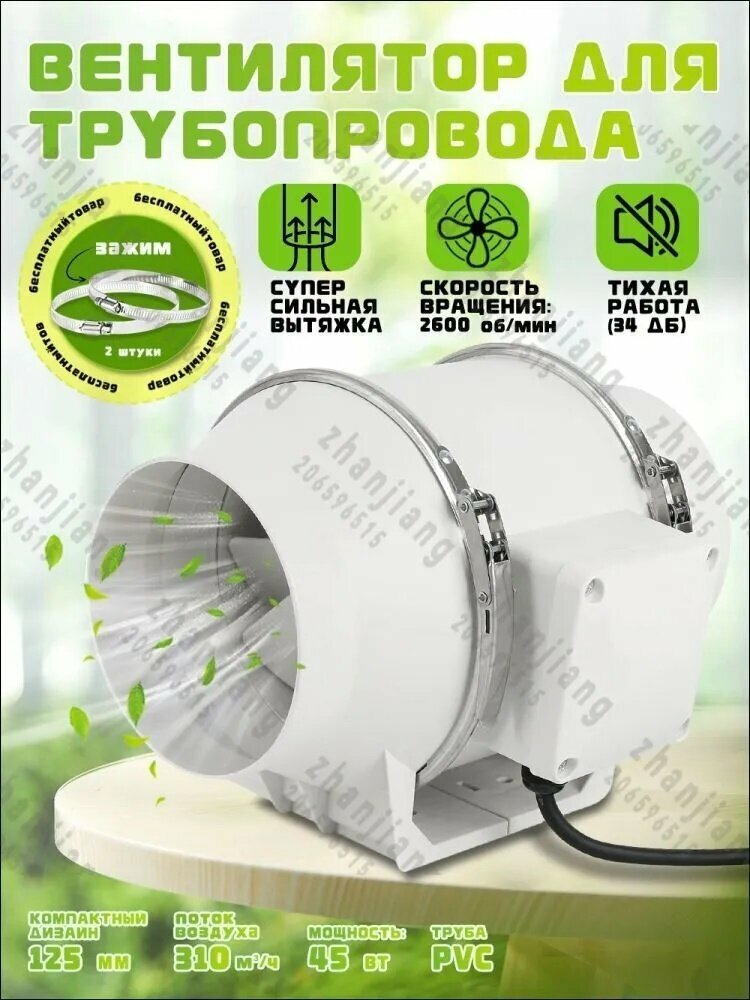 Вентилятор вытяжной канальный, Канальный вентилятор 125 SILENT 125мм, 310м3/ч вытяжной осевой малошумный