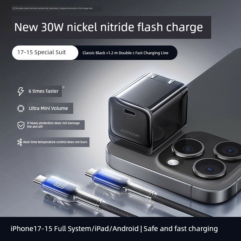 Набор 30 Вт быстрой зарядки для Apple iPhone 15-17 Pro, классический черный цвет с 1.2-метровым двойным C-кабелем