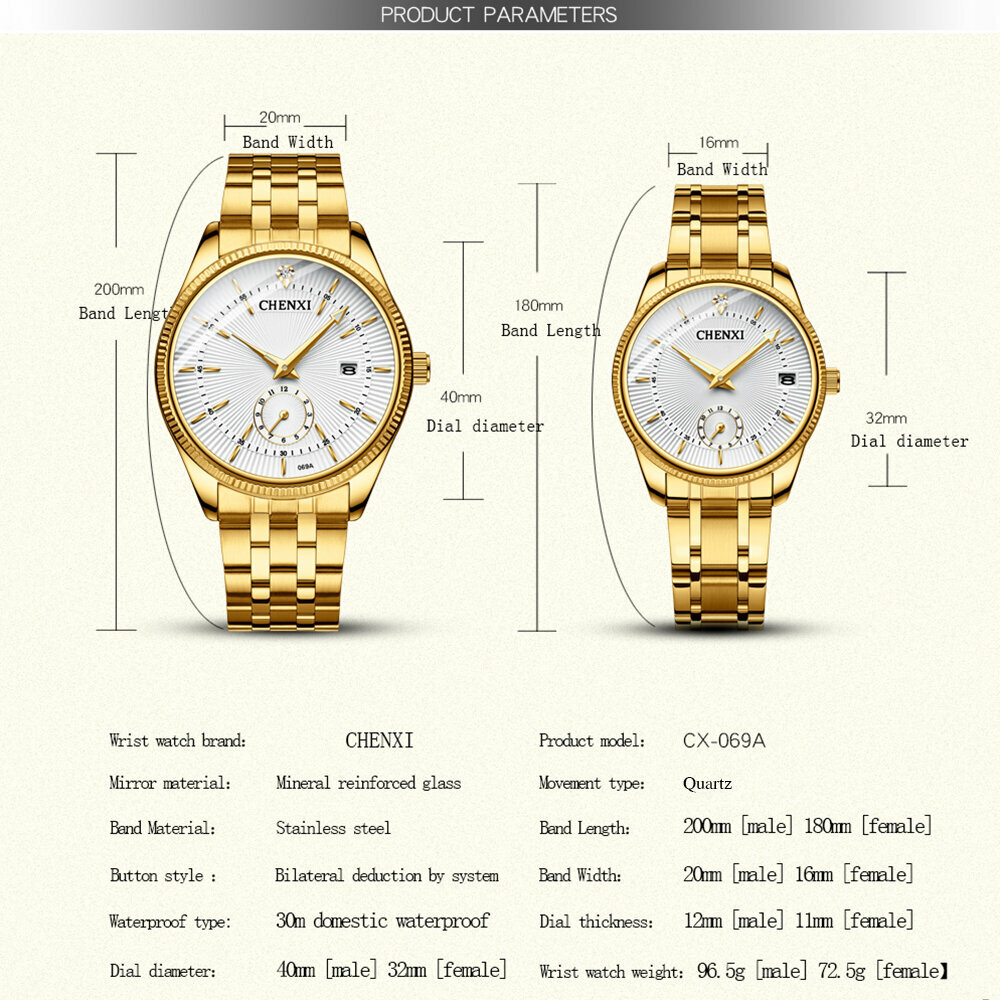 Парные часы CHENXI, кварцевые, модные, с ремешком из нержавеющей стали, светящиеся, водонепроницаемые 3ATM, для мужчин