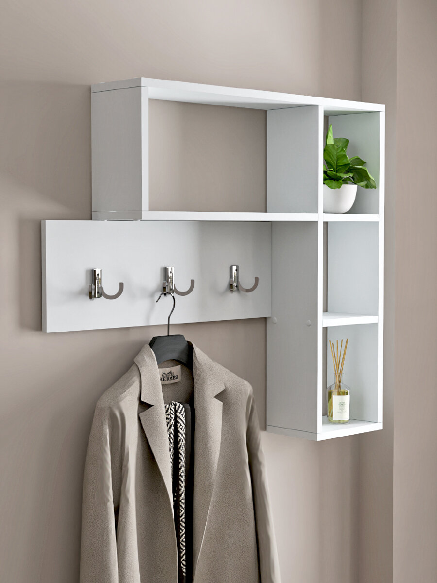 Вешалка настенная для одежды в прихожую, белая, 3 крючка, ЛДСП