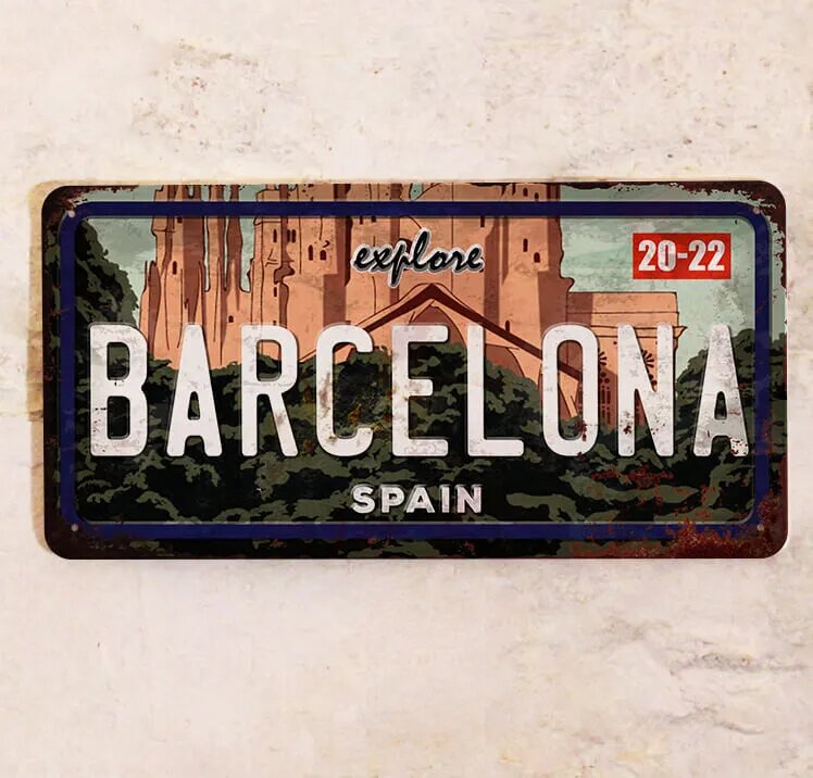Сувенирный автономер Европы Барселона Barcelona на машину, идея подарка путешественнику, металл,15х30см.