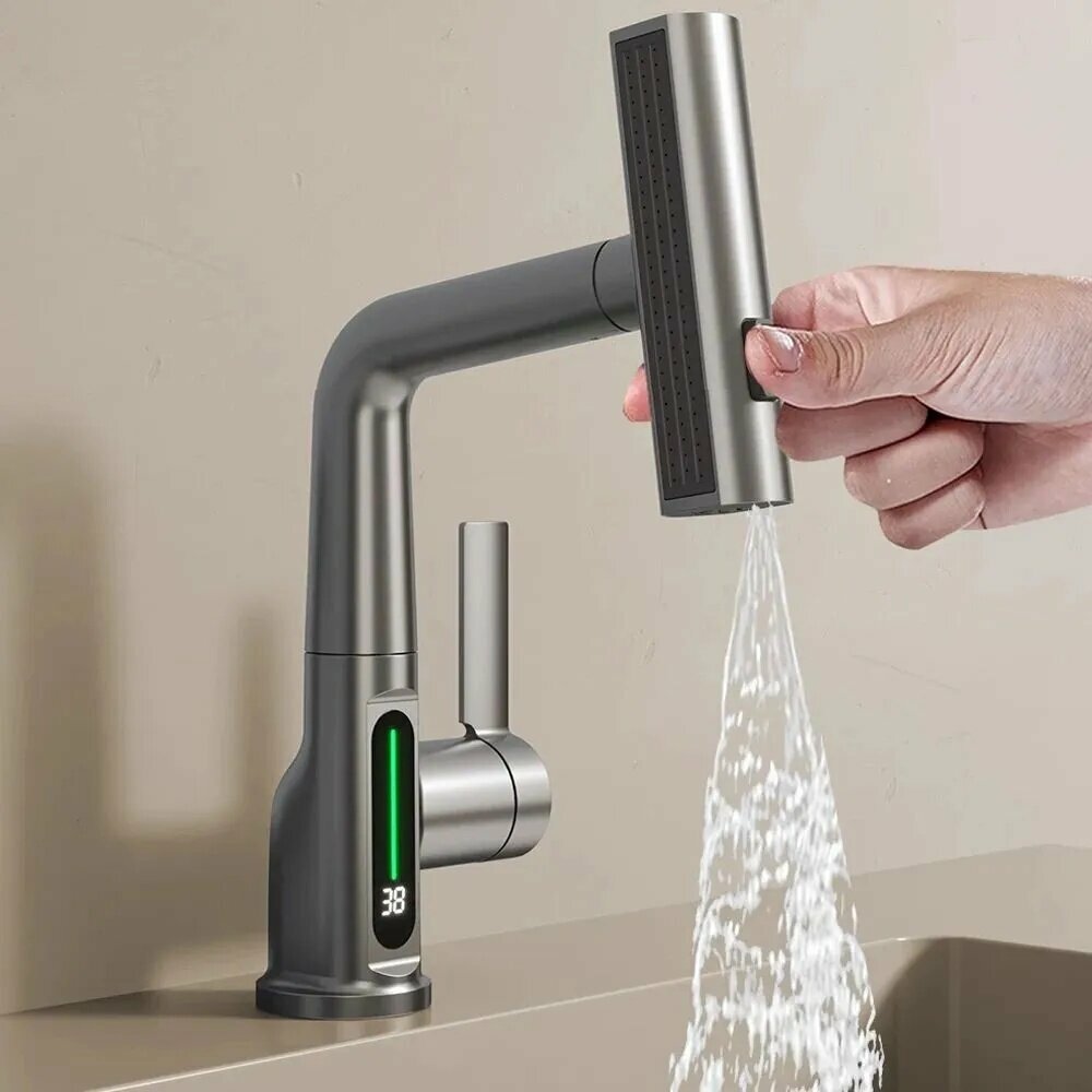 Смеситель для кухни, кран для раковины умный с цифровым дисплеем, выдвижным гибким изливом, 2 вытяжным изливом, 3-х режимная лейка