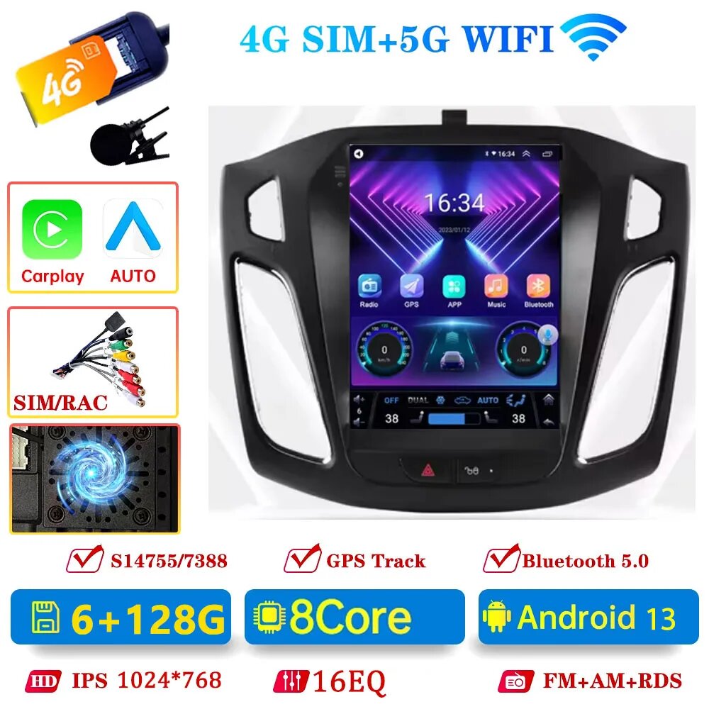 Автомобильный радиоприемник Android 12, мультимедийный плеер для Ford Focus 3 Mk3 2012-2019, для Tesla Style, экранная навигация, GPS, 2DIN, видео 4G, Wi-Fi 4G-8 Core 6G 128G