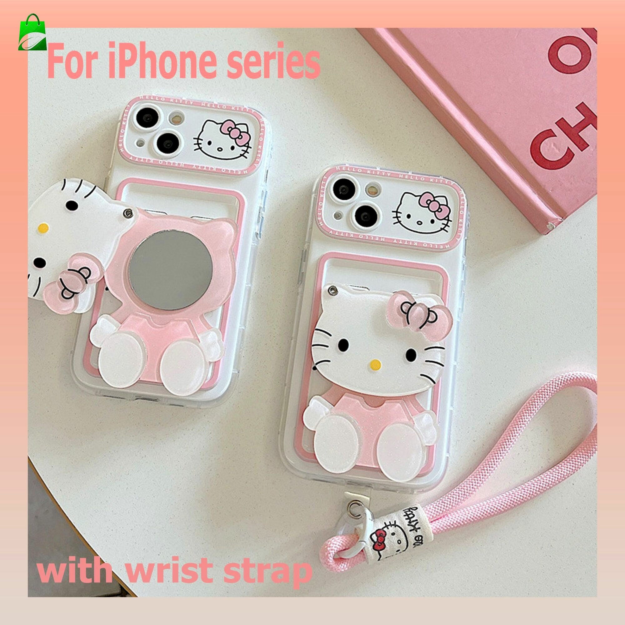 Для Apple iPhone 11 12 13 14 15 16 Pro Promax Hello Kitty зеркальный чехол с розовым ремешком на запястье, противоударная защита камеры.