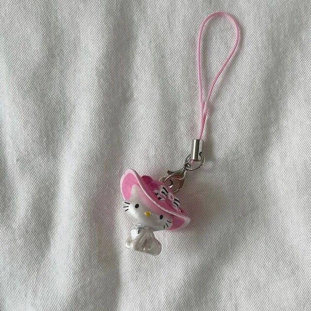 Милая розовая шляпка-бантик с брелком для ключей Hello Kitty, брелок на сумку в виде ангела Hello Kitty в стиле Харадзюку, подвеска для телефона, аксессуар для подарка на день рождения.