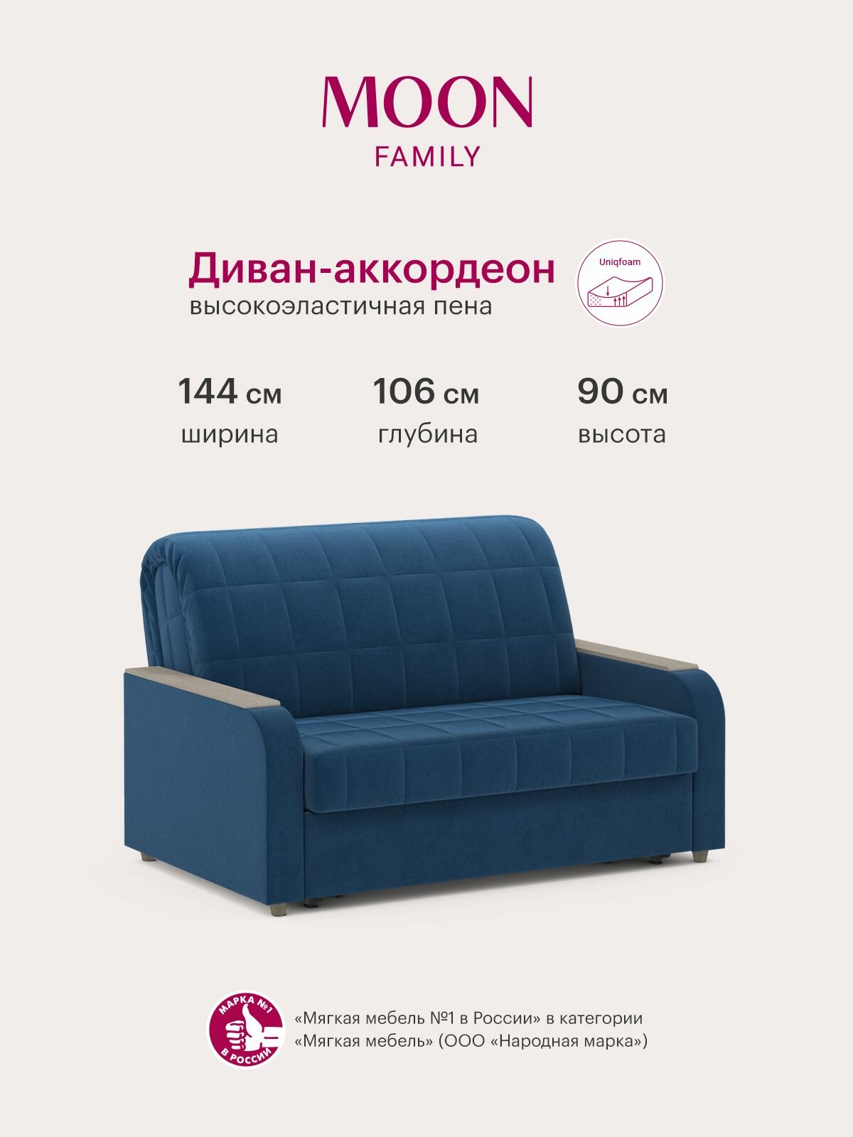 Диван-кровать раскладной, аккордеон MOON FAMILY 144, синий велюр, 144х106х90, спальное место 120х200, Эксклюзивная пена UniqFoam