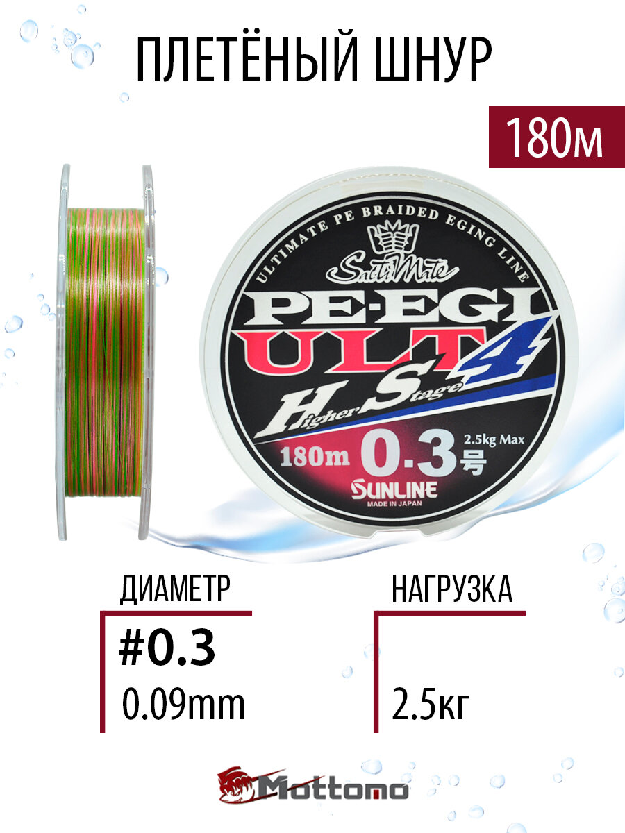 Плетёный шнур Sunline PE EGI ULT HS4 180m #0.3/2.5kg, плетенка рыболовная