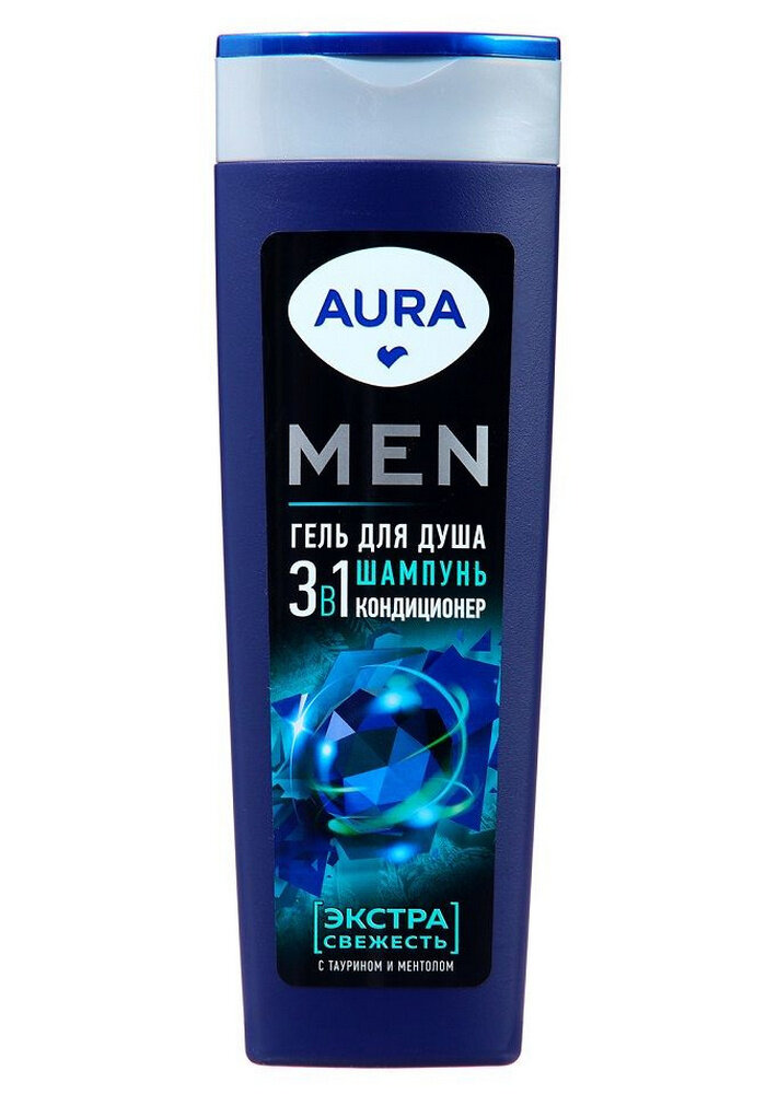 Aura Men - Экстра Свежесть 3в1 Гель для душа, шампунь, кондиционер "с таурином и ментолом" 380 мл.