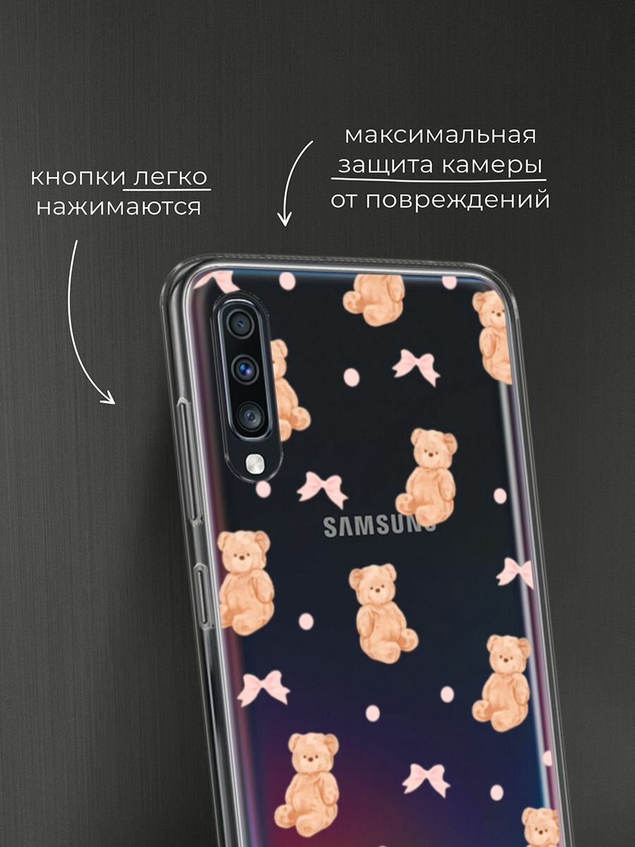 Чехол на Samsung Galaxy A70 / Самсунг Галакси А70 с принтом Паттерн бежевые мишки, прозрачный — фото 1