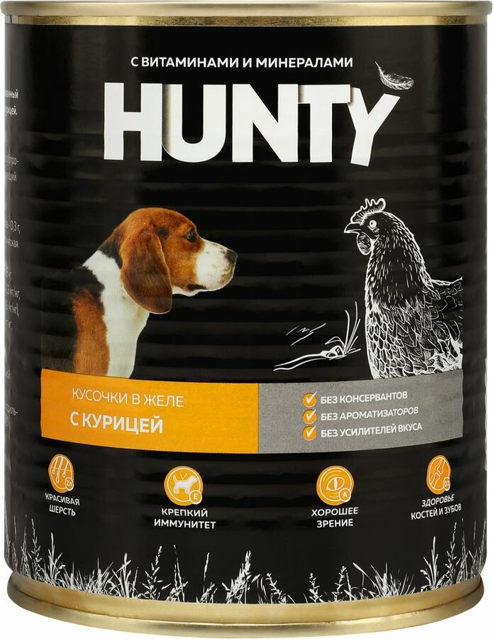 Корм консервированный для собак HUNTY Сочные кусочки в желе с курицей, 850г