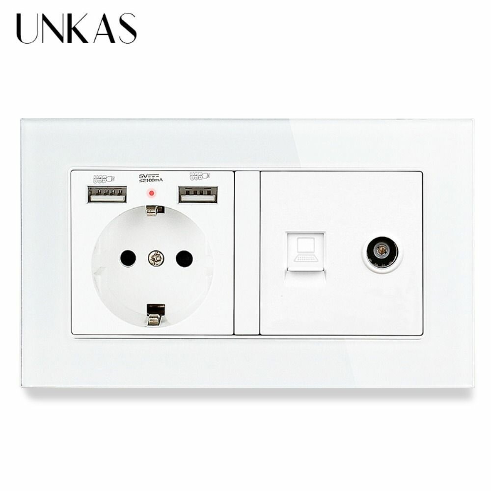 Хрустальная розетка из закаленного стекла с двойным USB + RJ45 Интернет-разъем + телевизионный порт Розетка