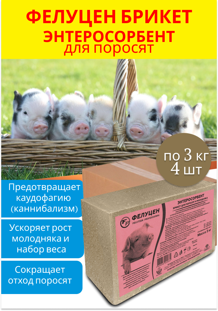 Комплект Брикет энтеросорбент Фелуцен для поросят и молодняка 3кг, 4 штуки