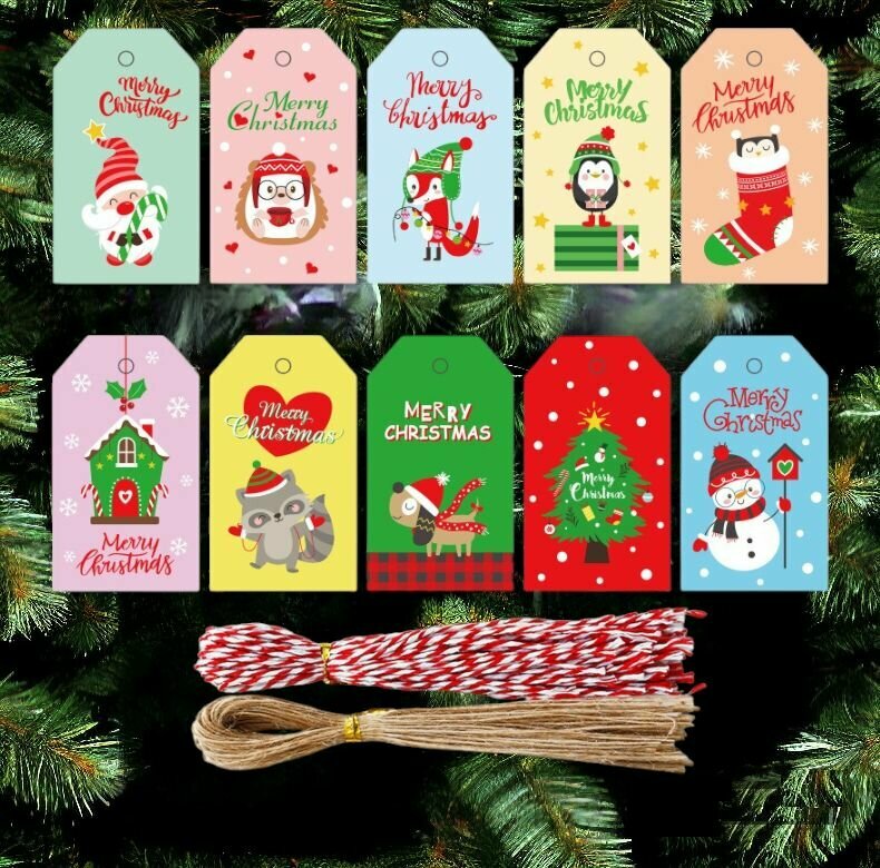 Подарочные бирки Шkatulka "Мультяшки" , 7х4см, 50шт, новогодние, из крафт-бумаги