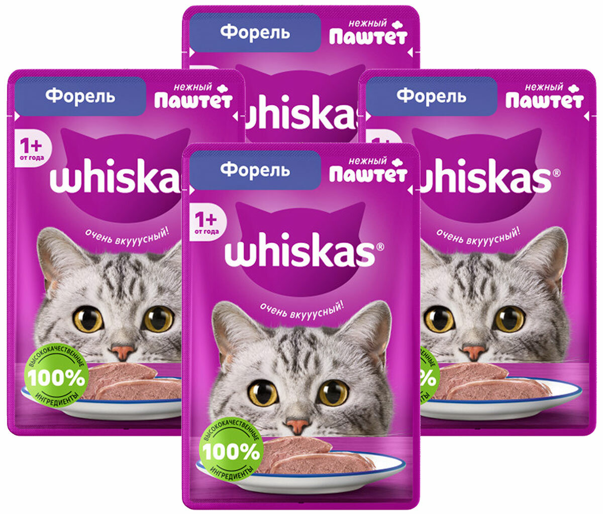 Корм влажный Whiskas для взрослых кошек паштет, форель, 75 гр х 4 шт