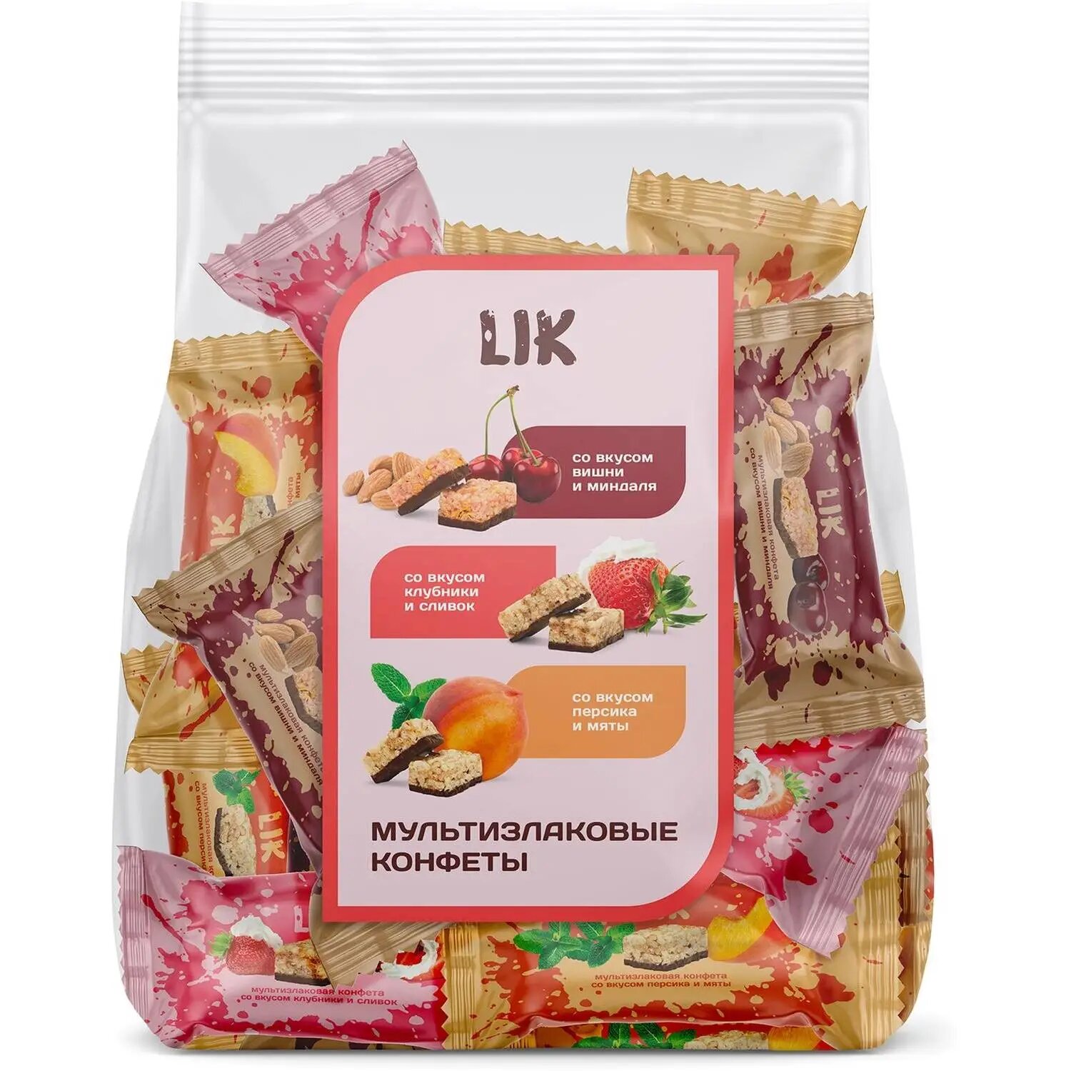 Конфеты мультизлаковые LIK ас в глазур (клуб/слив, виш/минд, перс/мят),250г