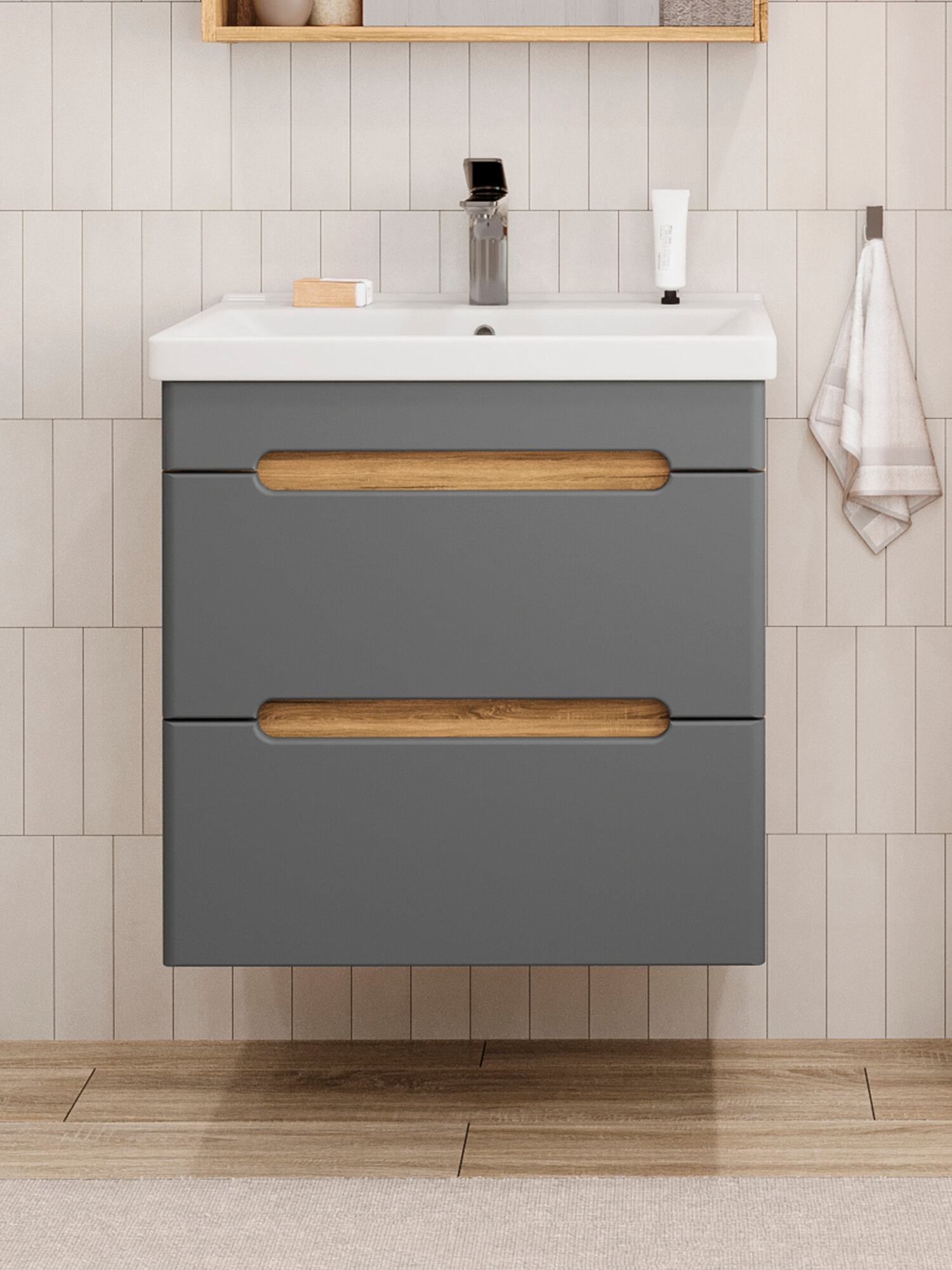 Тумба подвесная SanStar Diva 60 с раковиной Фест 60 (комплект) для ванной комнаты, дуб вотан, графит софт