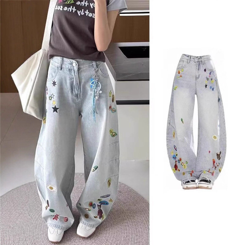 Женские джинсы Версия повышения Американские мультяшные граффити — осенние дизайнерские свободные стройные широкие штаны