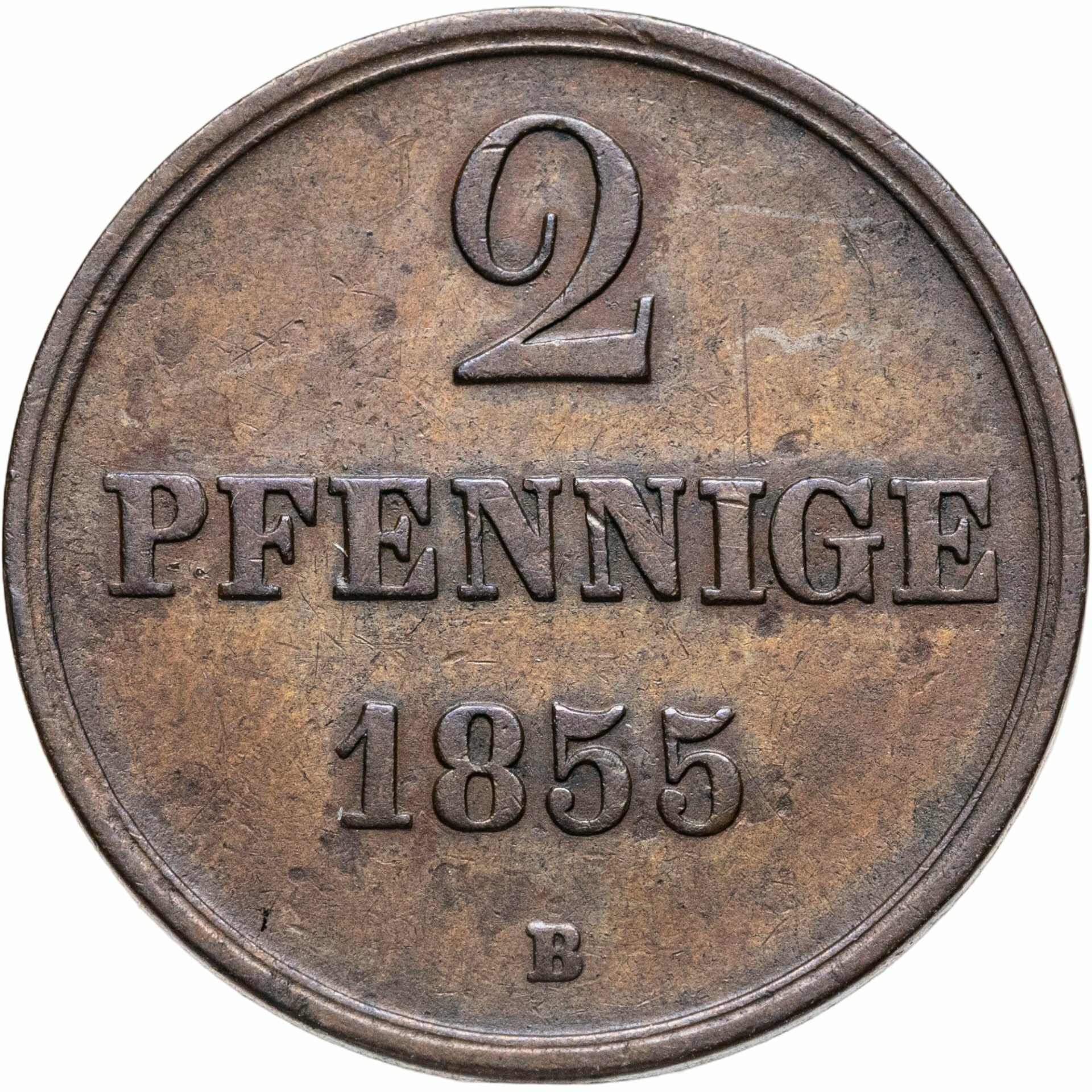 Германия, Ганновер 2 пфеннига 1855, Медь, в сохранности XF