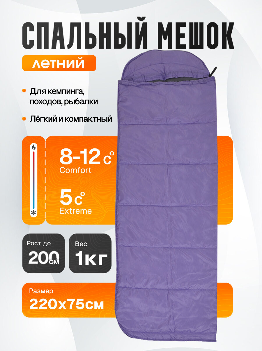 Демисезонный спальный мешок-одеяло до +5 C, 215х75, туристический, Prival Camp Comfort, фиолетовый