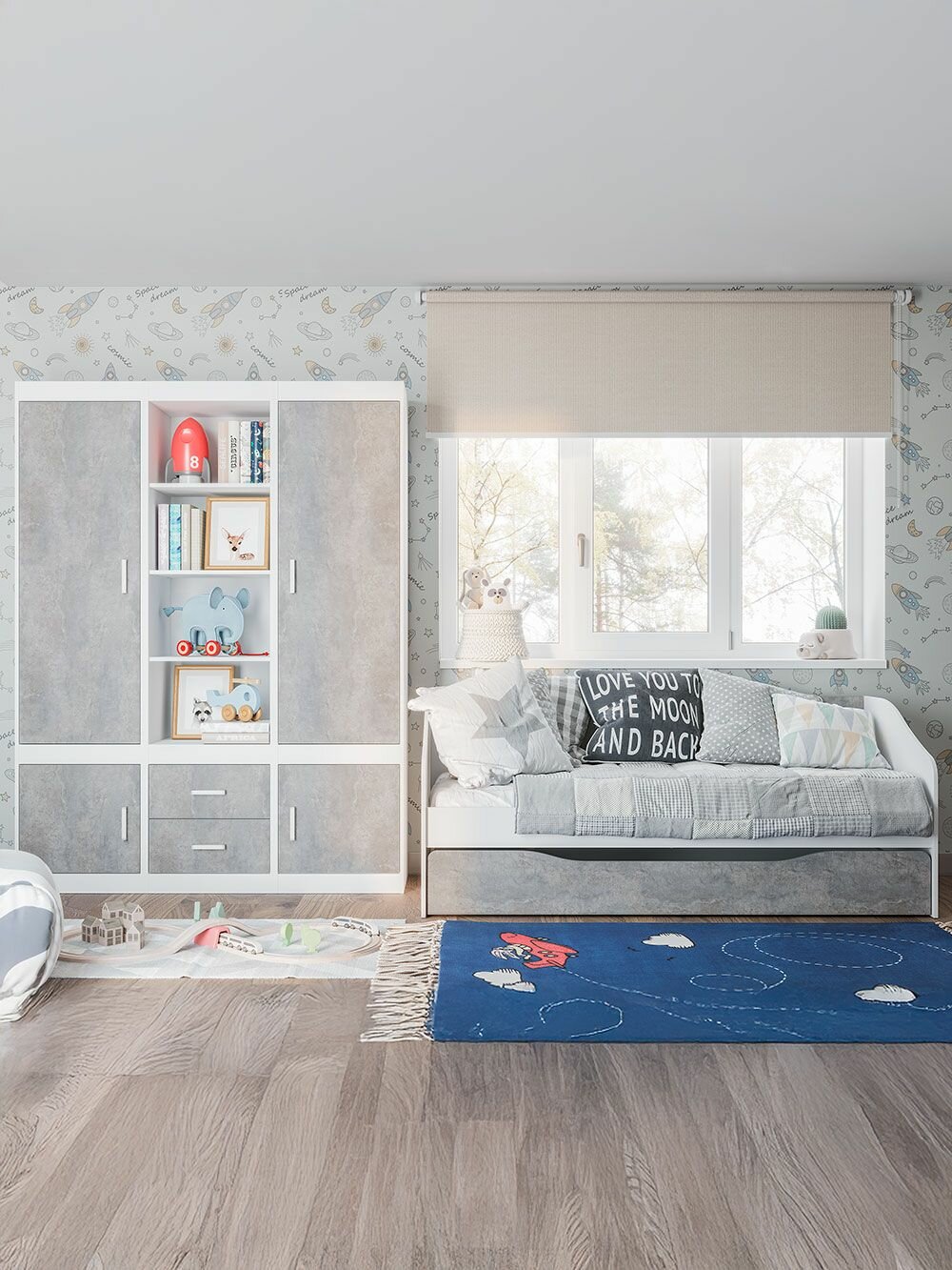 Детская комплект Паскаль Миди с кроватью, со стеллажом, со шкафом, 352.8х85х210 см, Белый / Цемент светлый