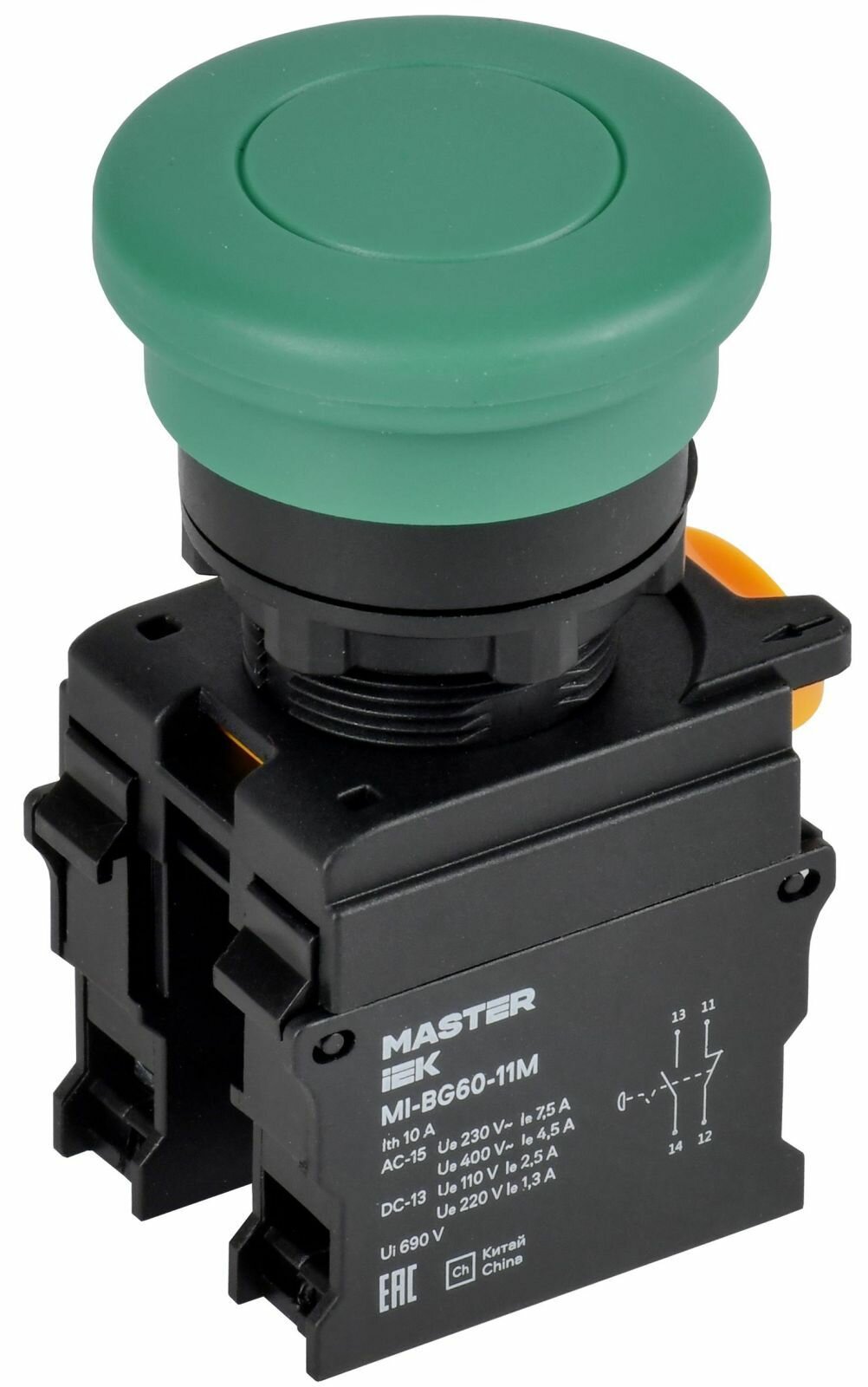 Кнопка управления IEK Master Грибок, без фиксации, 22 мм, 1NO 1NC, зелёная