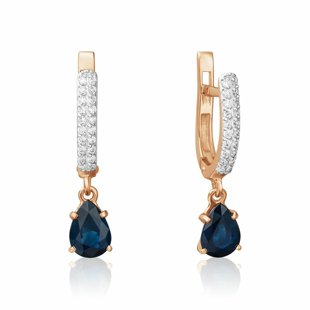 Серьги, красное золото, 585 проба, бриллиант, сапфир