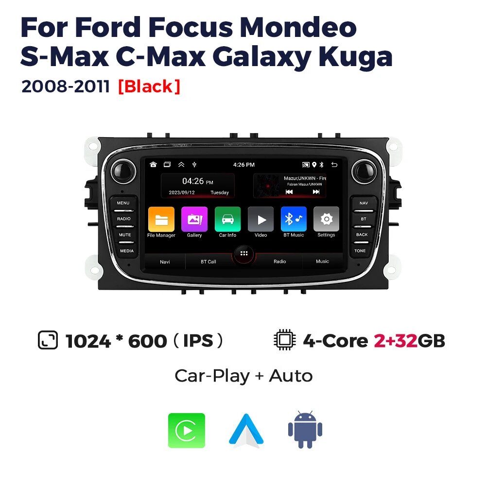 Автомагнитола Android 13 для Ford Focus Mondeo 2008-2011, 1024*600, Carplay, Color: